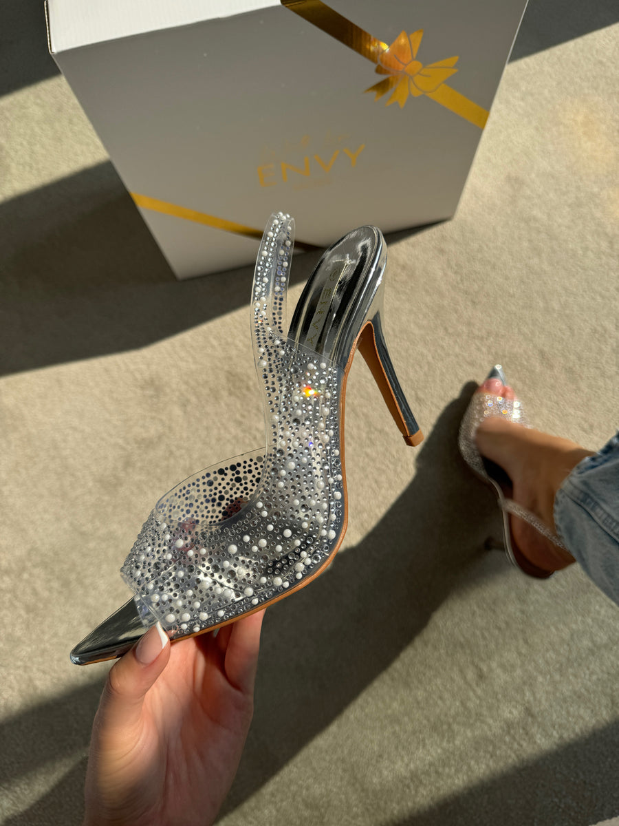 ASHANTI SILVER PERSPEX PEARL SLINGBACK JEWEL HEELS – Envy Shoes UK