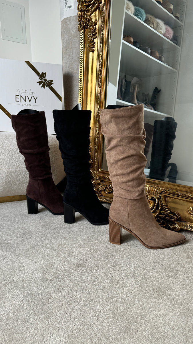 GABRIELLE FAUX SUEDE KNEE HIGH RUCHED BOOTS – Envy Shoes UK