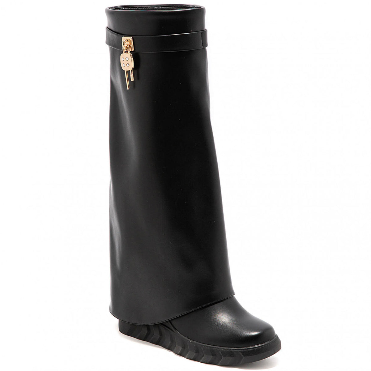 PAMMY BLACK WEDGE KNEE HIGH OVERLAP BOOTS – Envy Shoes UK