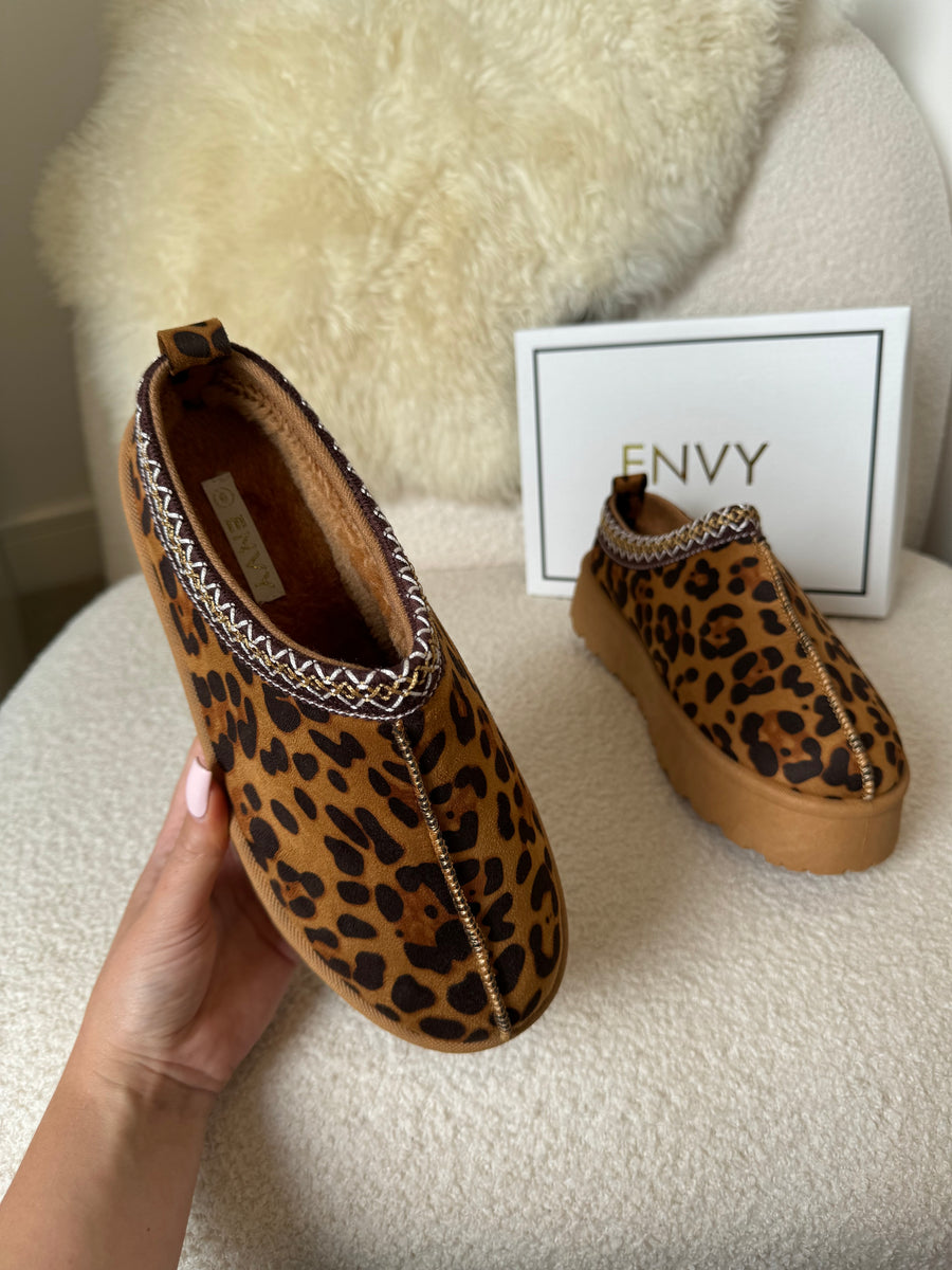 HOLLIE ULTRA PLATFORM LEOPARD EMBROIDERED ANKLE SLIPPER BOOTS – Envy ...