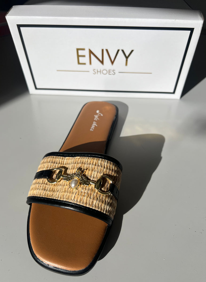 MELINA BLACK BEE STRAW DETAIL SLIDERS – Envy Shoes UK