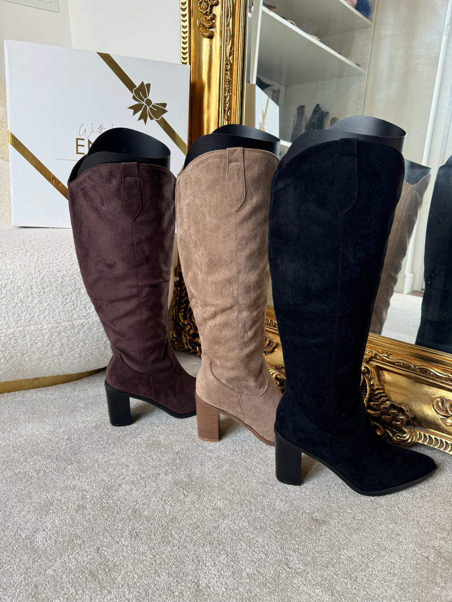 MONTANA FAUX SUEDE KNEE HIGH COWBOY BOOTS – Envy Shoes UK