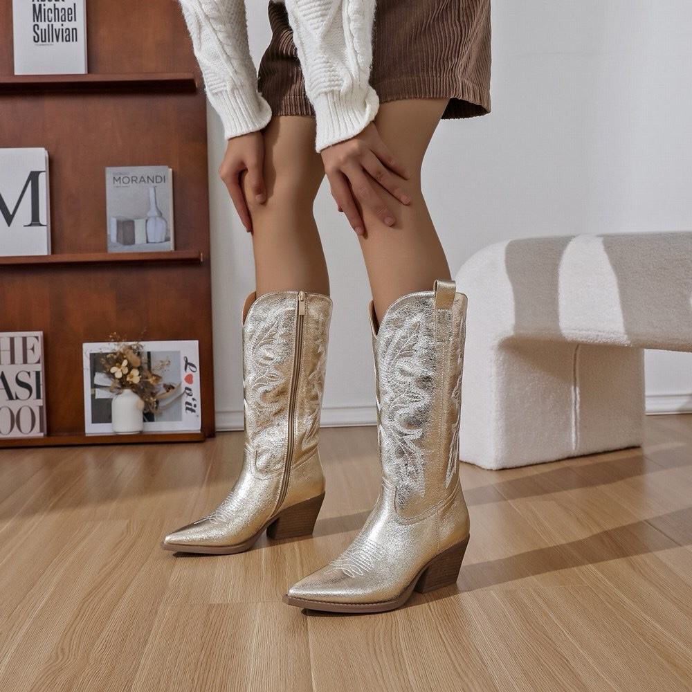 KAYLEIGH FAUX LEATHER METALLIC COWBOY BOOTS – Envy Shoes UK