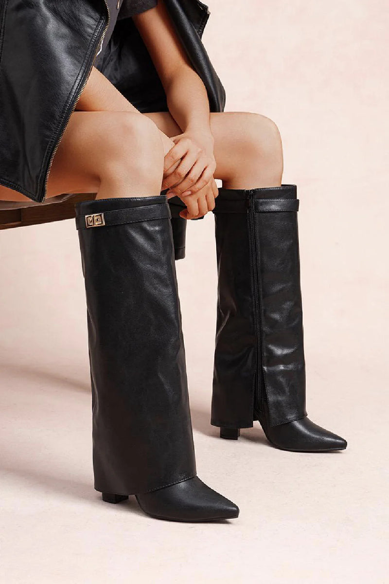 PAMELA BLACK FAUX LEATHER KNEE HIGH OVERLAP BOOTS – Envy Shoes UK