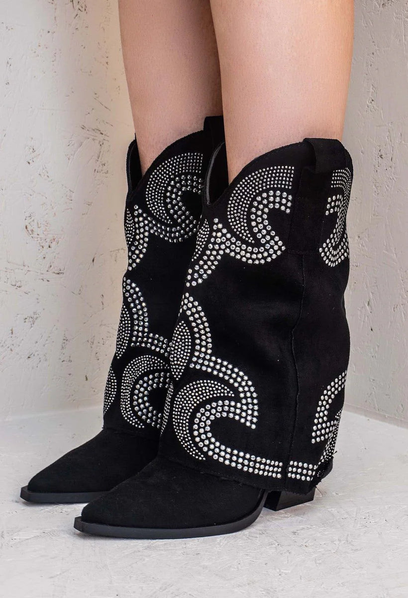 JOLENE BLACK FAUX SUEDE EMBELLISHED COWBOY ANKLE BOOTS – Envy Shoes UK
