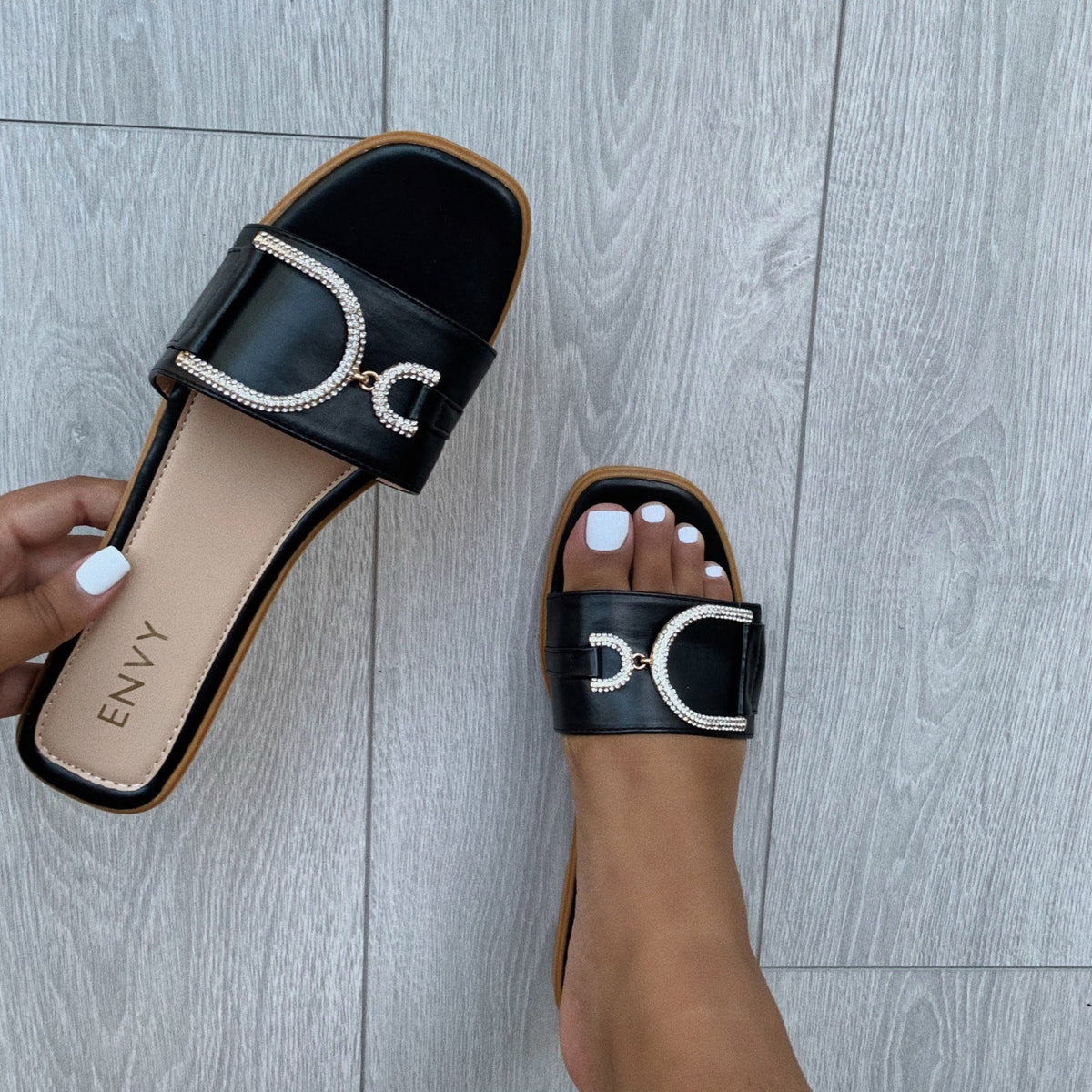 DIDI DIAMANTE BLACK BUCKLE SLIDERS – Envy Shoes UK